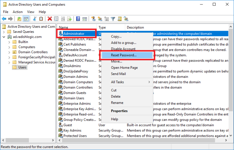 Change Password for Active Directory Administrator on Windows Server 2016 - Radish Logic